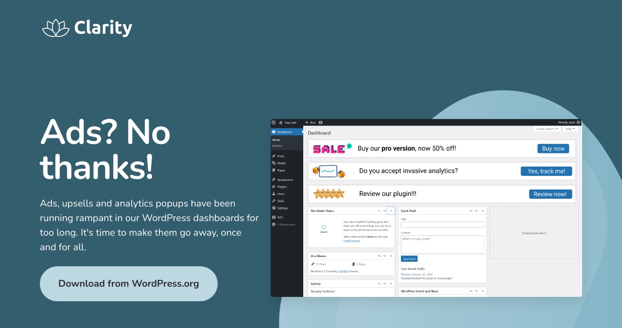 Clarity - Ad, banner and upsell blocker for WordPress Clarity - Ad, banner and upsell blocker for WordPress